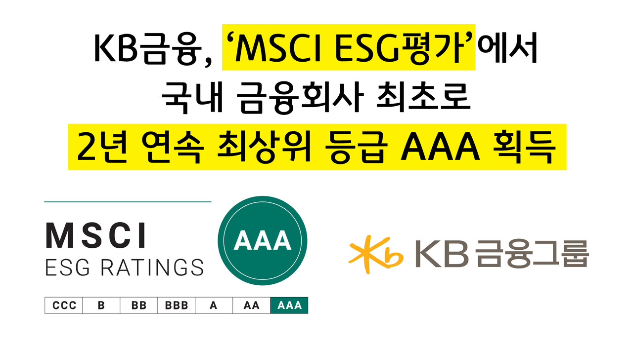 KB금융 ,글로벌 ESG경영 선도기업 '우뚝'...2년 연속 'MSCI ESG평가'서 'AAA' 획득